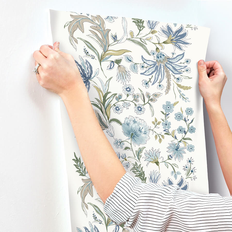 York Wallcoverings. 4147-27398 - Teonna Blue Floral Stripe Wallpaper ...