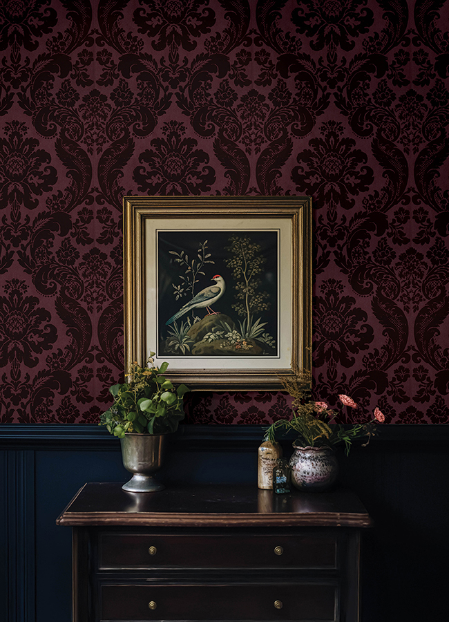 4147-87315 - Shadow Merlot Flocked Damask Wallpaper - by A-Street Prints