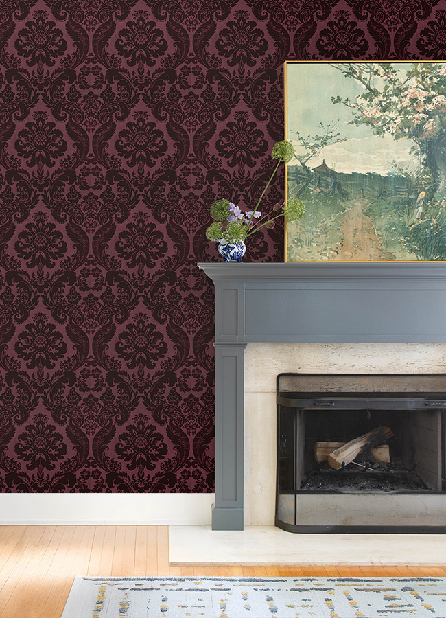 4147-87315 - Shadow Merlot Flocked Damask Wallpaper - by A-Street Prints