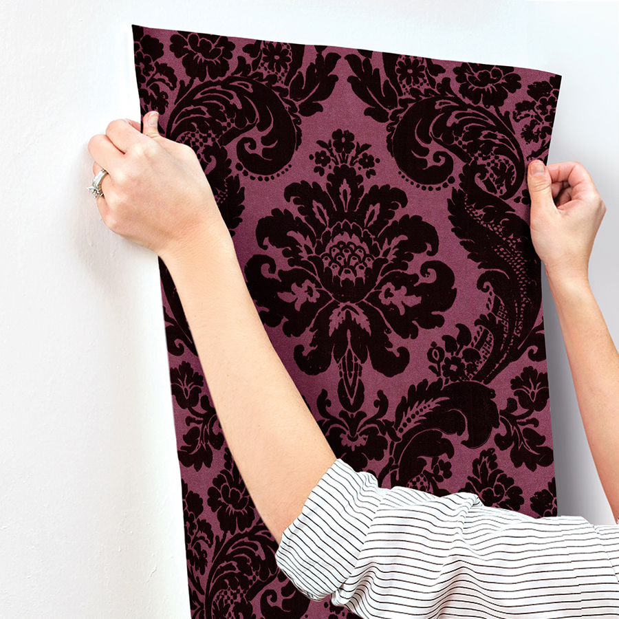 York Wallcoverings. 4147-87315 - Shadow Merlot Flocked Damask Wallpaper - by A-Street Prints