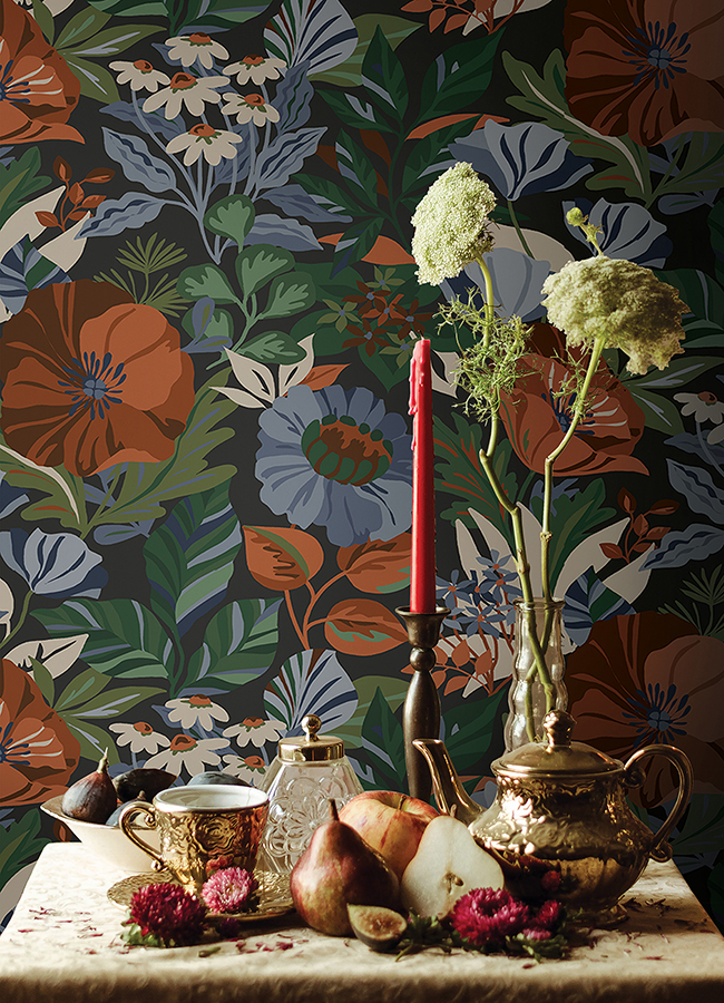 Poppy Fields Peel and Stick Wallpaper - Charcoal | RoomMates Décor