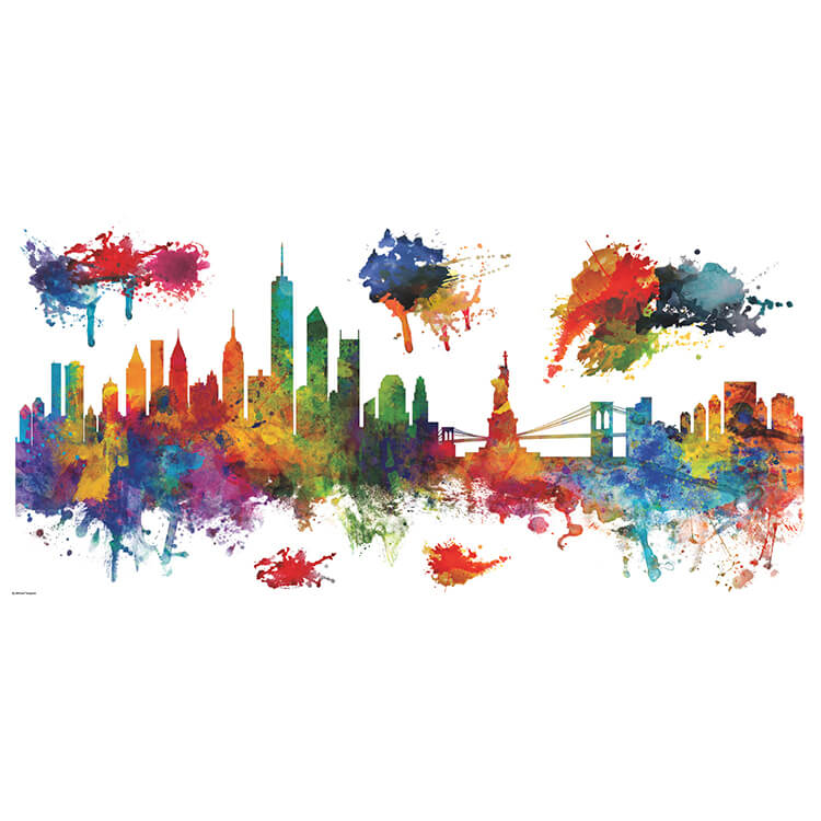New York City Watercolor Skyline Peel and Stick Giant Wall Decals ...