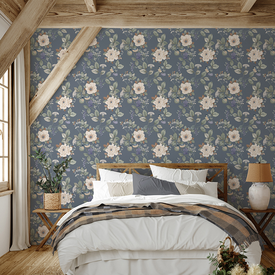 BG2300 - Bramble Blue Floral Wallpaper - by Belgravia Decor