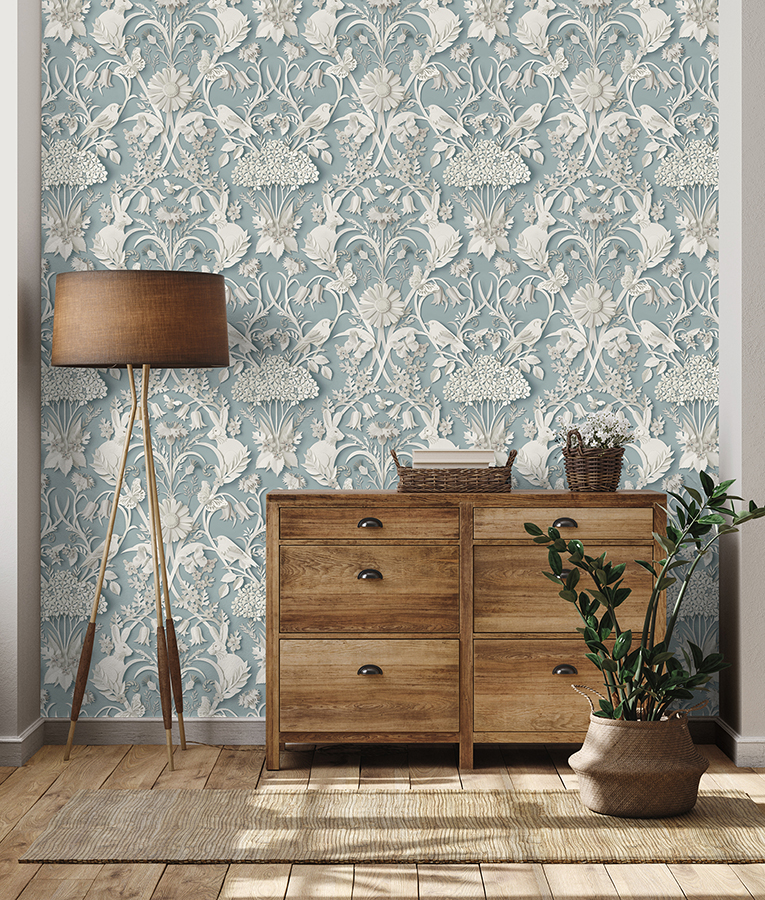 FD43605 - Fae Sky Blue Woodland Wallpaper - by Fine Décor