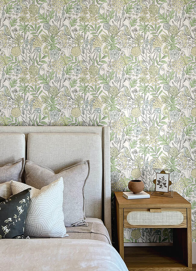 4148-27412 - Goldfinch Green Birds and Blooms Wallpaper - by Chesapeake
