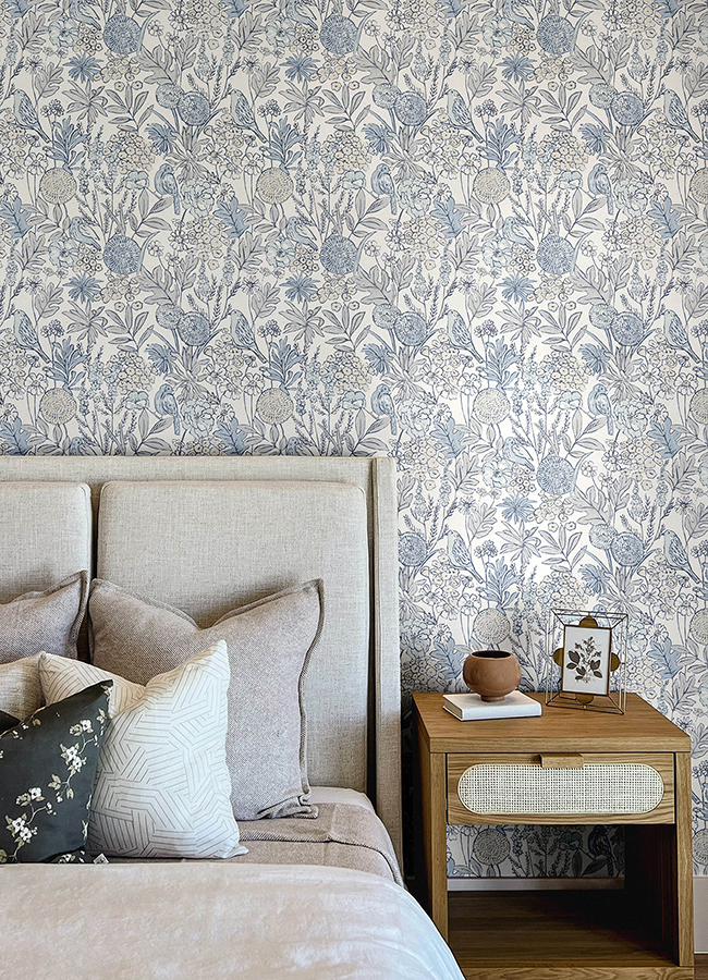 York Wallcoverings. 4148-27414 - Goldfinch Blue Birds and Blooms ...