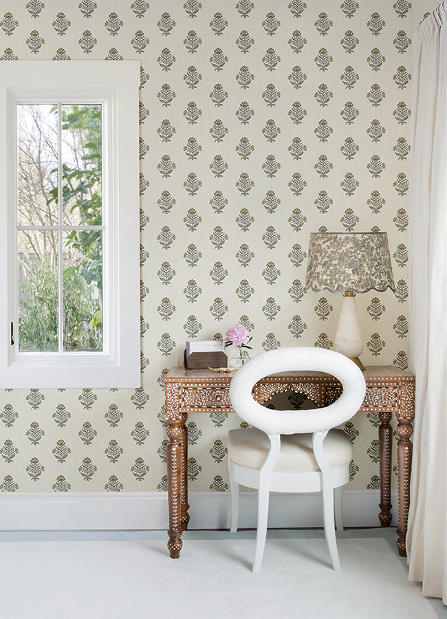 York Wallcoverings. 4148-27416 - Hollyhock Honey Floral Crest Wallpaper ...