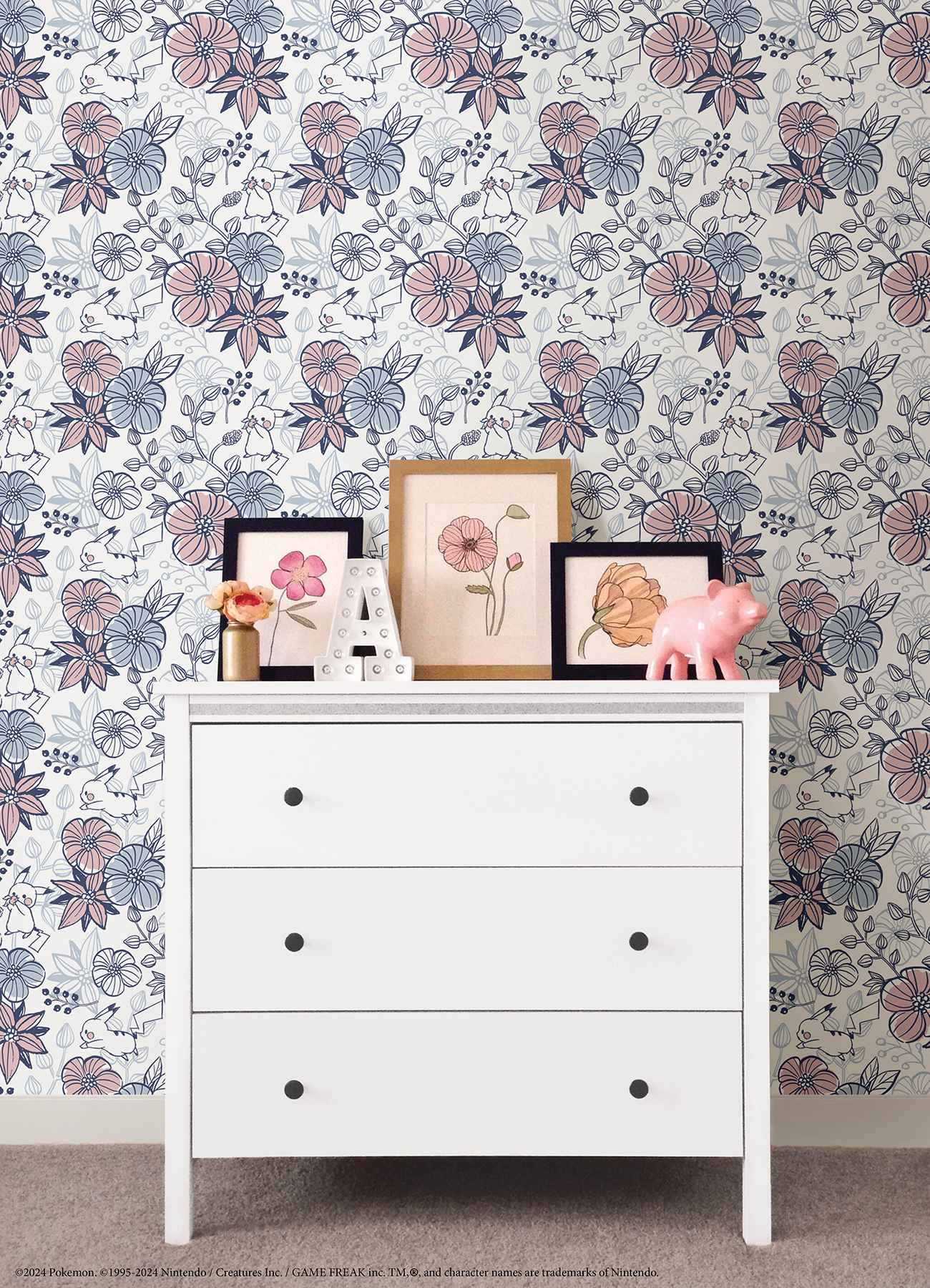 RMWS1229 - Pokémon Pikachu Floral Pink & Blue Peel and Stick Wallpaper ...