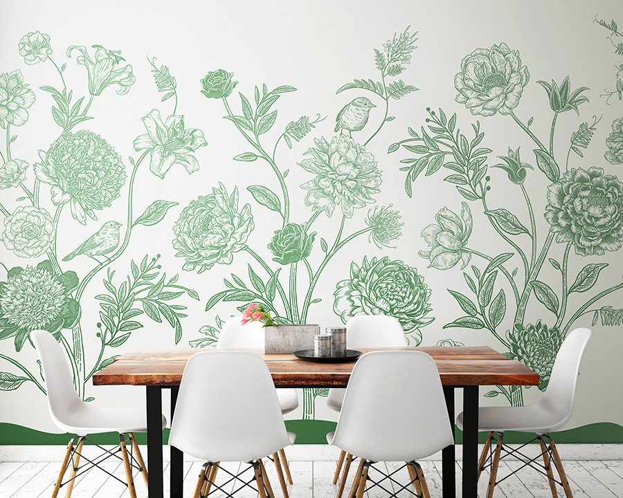 MUR354M - Jacobean Rose Trail Green Wall Mural - by Origin Murals
