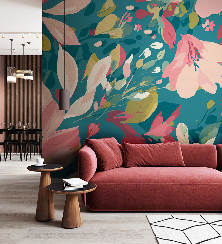MUR363M - Flowing Flowers Teal Wall Mural - by Origin Murals
