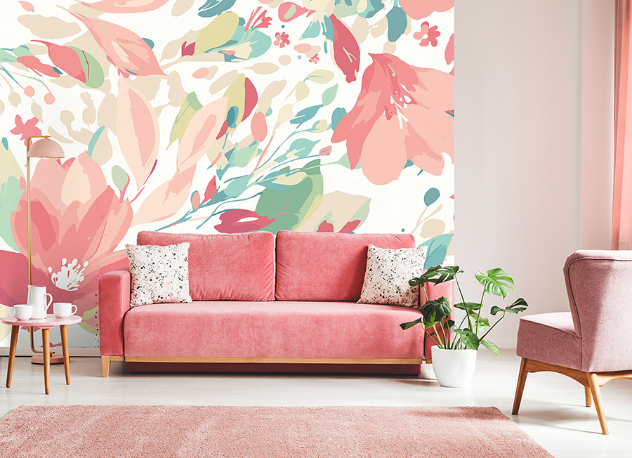 MUR364M - Flowing Flowers Coral Wall Mural - by Origin Murals