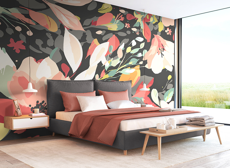 MUR365M - Flowing Flowers Charcoal Wall Mural - by Origin Murals