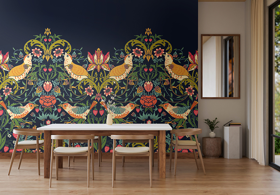 MUR397M - Birds, Fruit and Foliage Navy Wall Mural - by Origin Murals