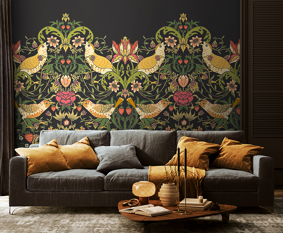 MUR399M - Birds, Fruit and Foliage Black Wall Mural - by Origin Murals