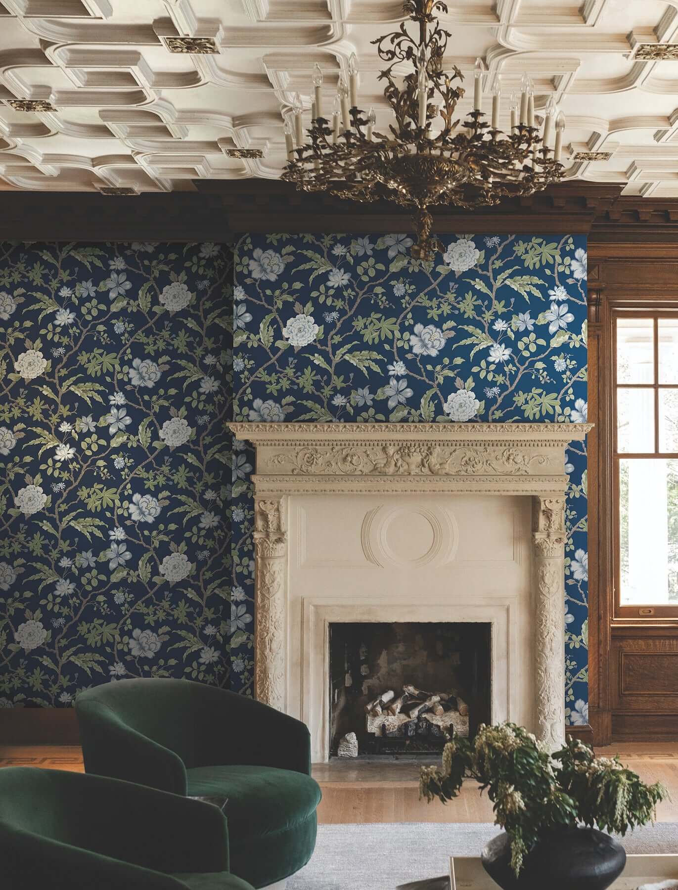 York Wallcoverings. Navy Courtyard Botanical Wallpaper | Ronald Redding