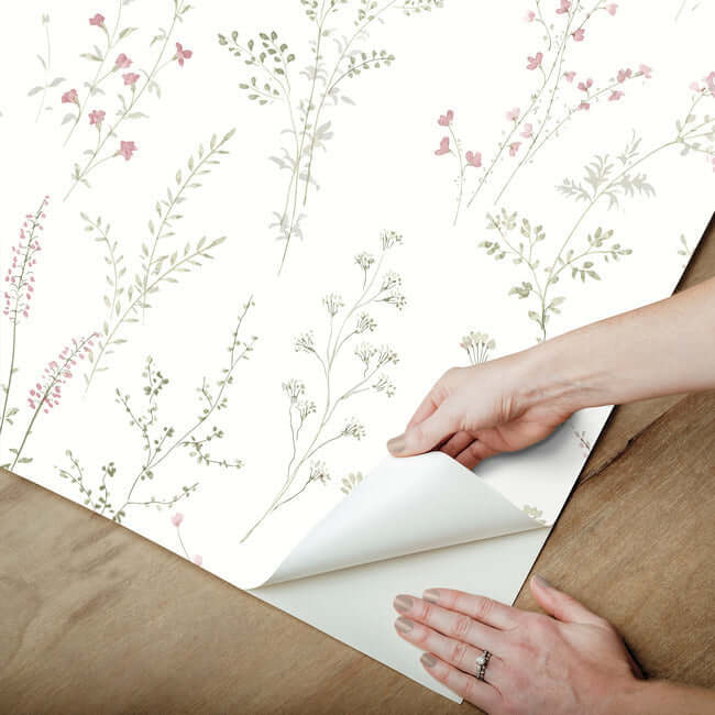 York Wallcoverings. Pink/Green/Grey Wildflower Sprigs Peel and Stick ...