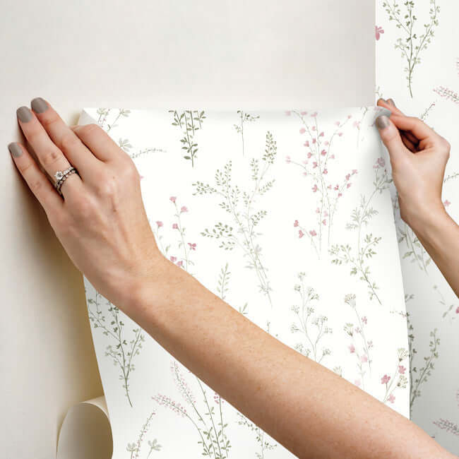 York Wallcoverings. Pink/Green/Grey Wildflower Sprigs Peel and Stick ...