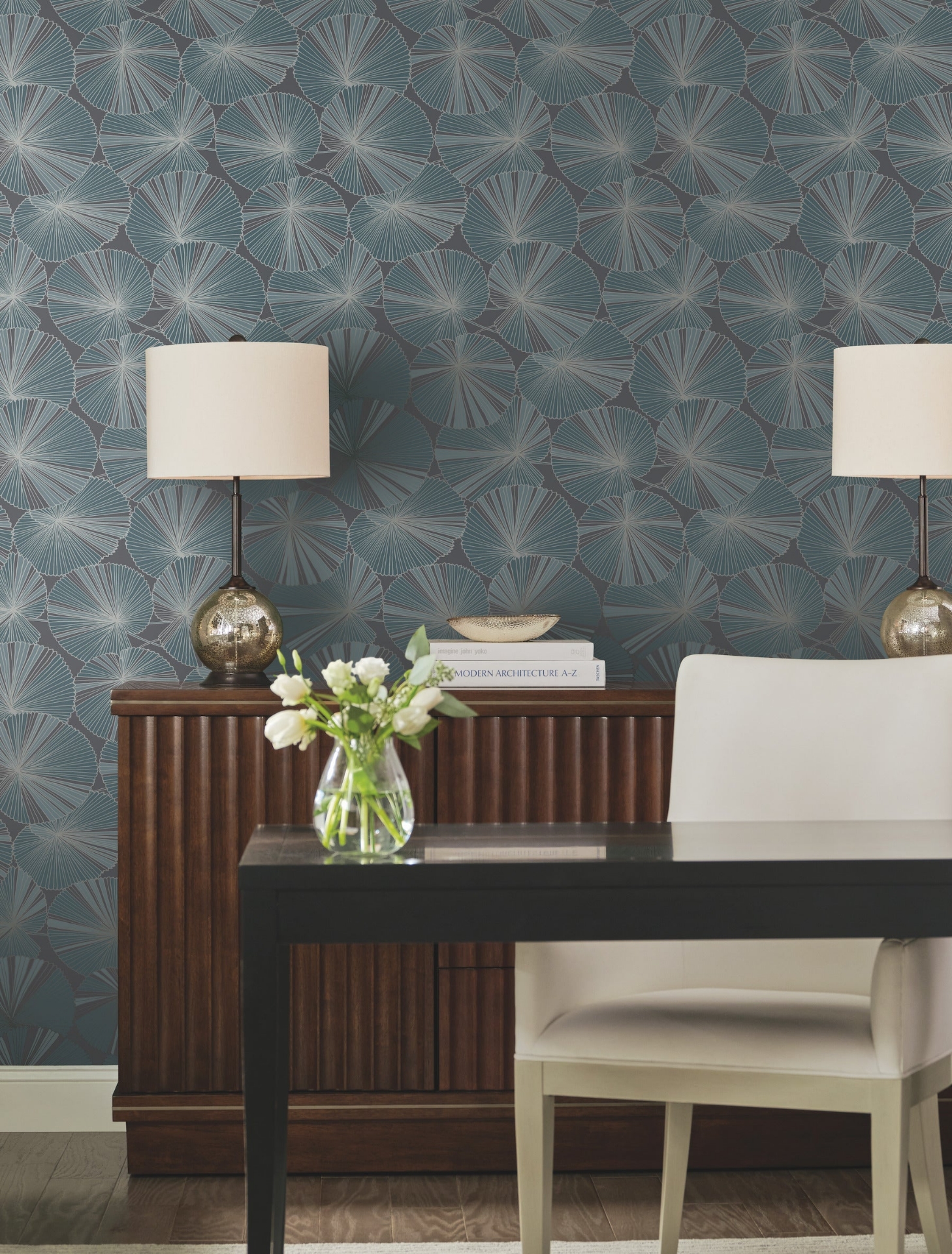 York Wallcoverings. Deep Blue Layered Lily Pads Wallpaper | Candice Olson