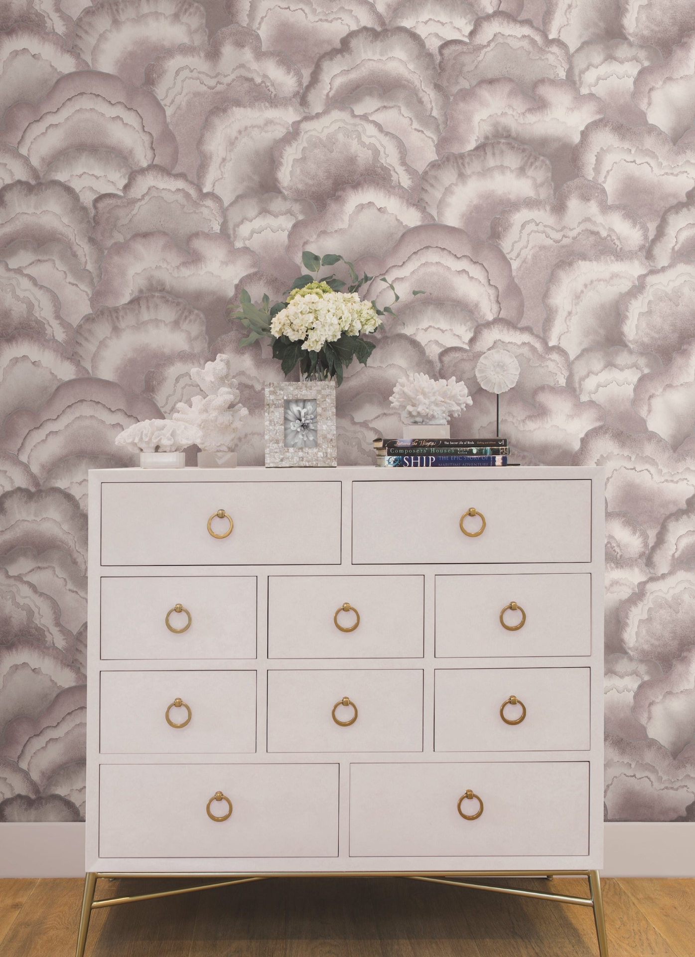 York Wallcoverings. Lavender Abalone Fans Wallpaper | Candice Olson