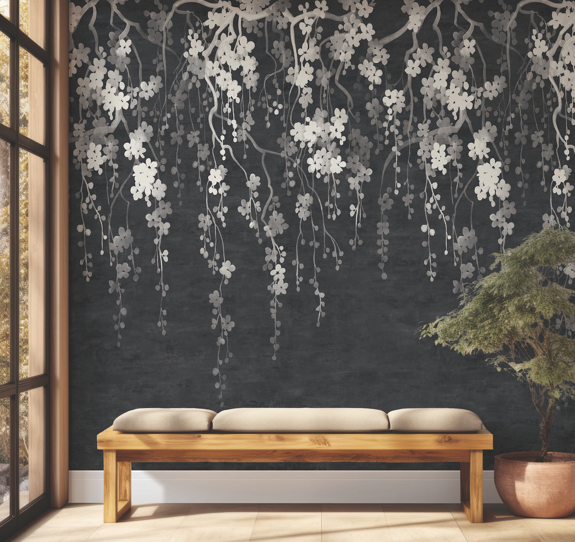 York Wallcoverings. Black Sakura Blooms Wall Mural | Ronald Redding