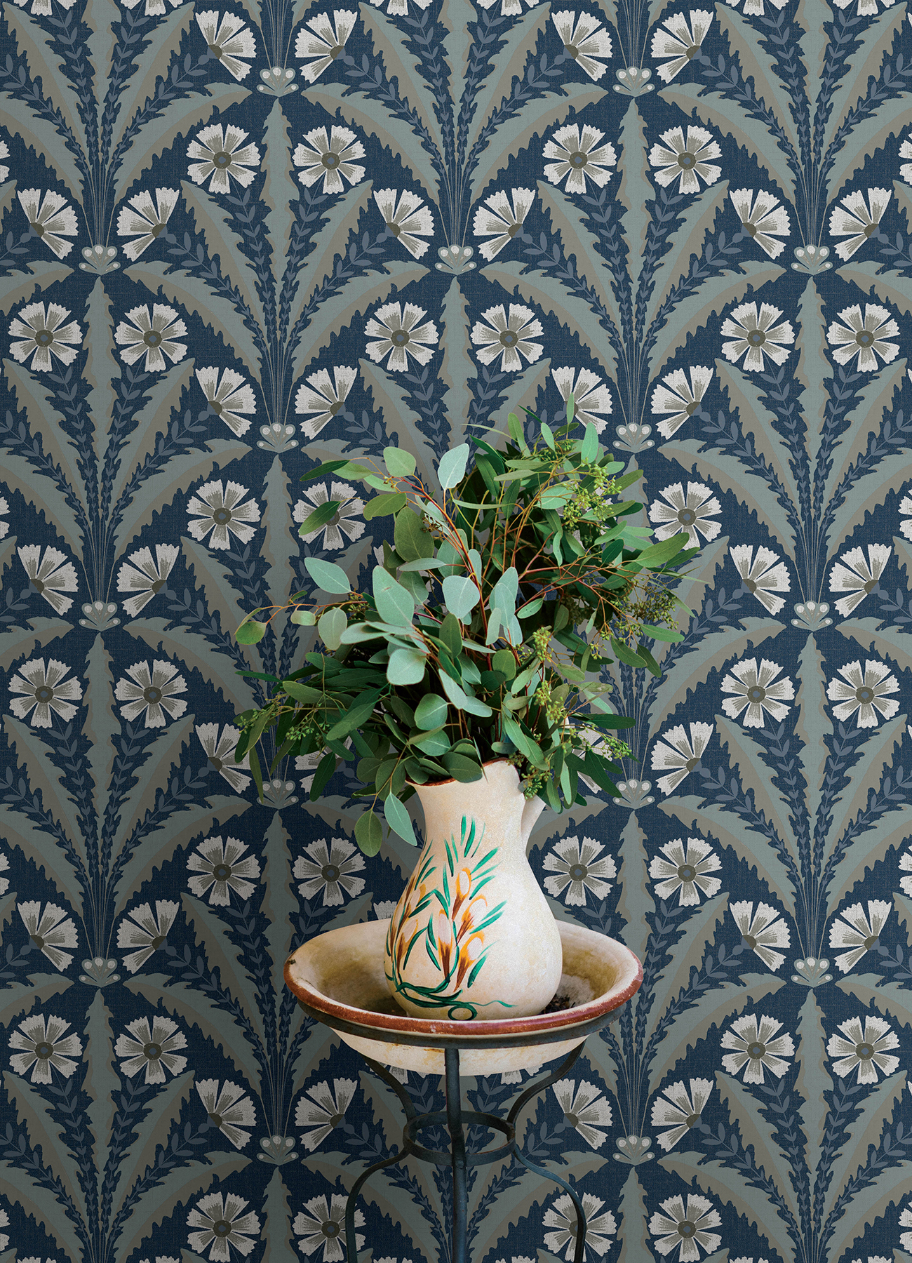 4169-27600 - Tap Root Dark Blue Floral Damask Wallpaper - by Chesapeake