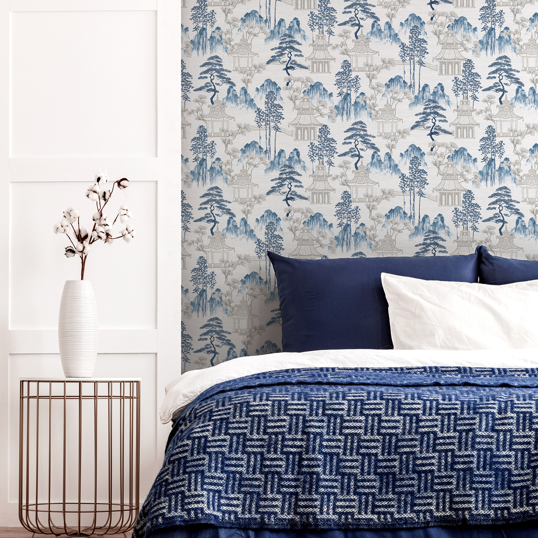 AH924803 - Akio Blue Pagoda Wallpaper - by Arthouse